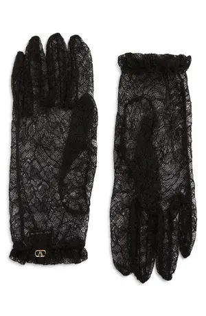 Valentino Garavani Vlogo Sheer Floral Lace Gloves - Nero/oro