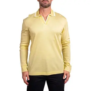 MACEOO Ascension0003 Johnny Collar Long Sleeve Textured Cotton Polo - Yellow