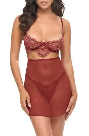 OH LA LA CHERI Arielle Metallic Underwire Lace & Mesh Chemise & G-string Set - Syrah/frosted Almond