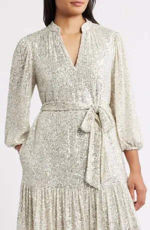 Eliza J Sequin Striped Belted Dress - Silver