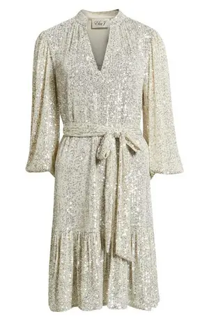 Eliza J Sequin Striped Belted Dress - Silver