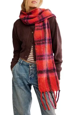 Free People Highland Plaid Skinny Scarf - Pink Combo