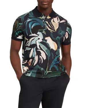 Ted Baker London Kivem Floral Print Pure Cotton Polo Shirt - Black