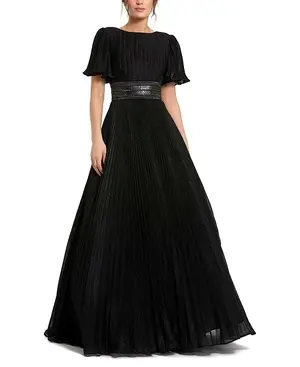Mac Duggal Pleated Shimmering Georgette Flutter Sleeve Gown - Black