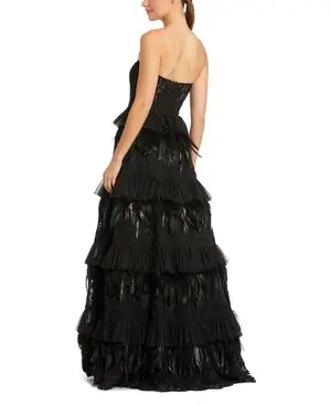 Mac Duggal Strapless Tiered Lace & Feather Gown