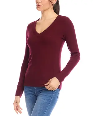 Karen Kane Ribbed V-neck Top - Wine