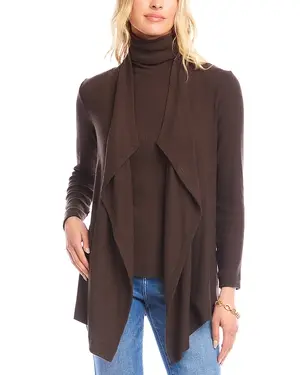 Karen Kane Ribbed Drape Front Cardigan - Brown