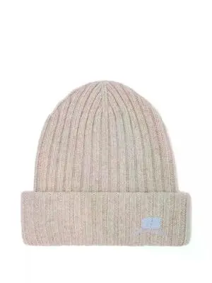 GANNI Ribbed Logo-detail Beanie - Neutrals