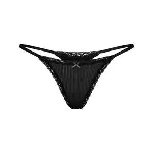 SKIMS Lightweight Cotton Pointelle Lace String Thong - Soot Tonal