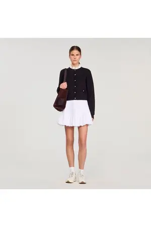 Sandro Fine Knit Cardigan With Detachable Ruffle Collar - Brown