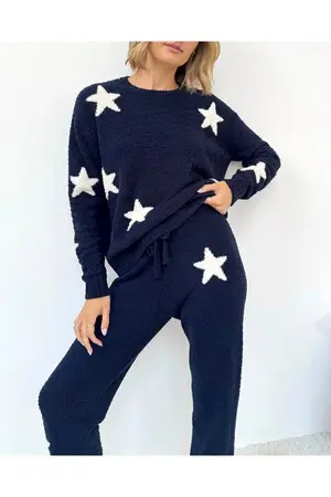 Splendid Fuzzy Sweater And Jogger Pajama Set - Navy