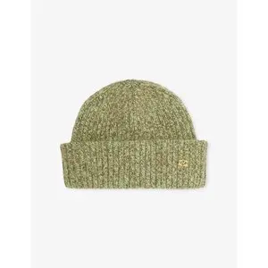 GANNI Monogram-plaque Ribbed Stretch-wool Blend Beanie - Nile
