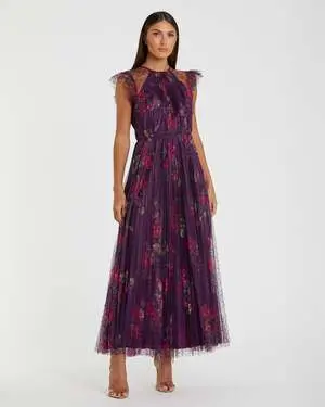 Mac Duggal Floral Print Midi Dress - Plum Multi