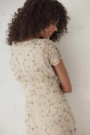Mac Duggal Ivory Floral Embellished Mesh Fitted Column Gown