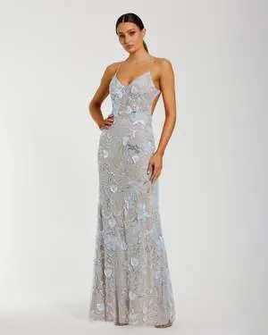 Mac Duggal Sleeveless Embellished Open Back Column Gown - Blue