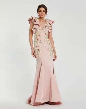 Mac Duggal Embellished Flutter Sleeve Mermaid Gown - Blush