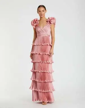 Mac Duggal Pleated Charmeuse Tiered Gown With Ruffle Straps - Pink