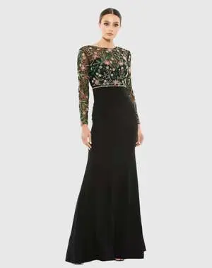 Mac Duggal Beaded Illusion High Neck Trumpet Gown - Black Multi