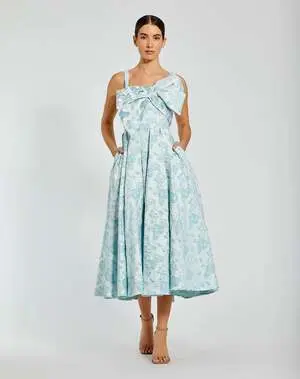 Mac Duggal Sleeveless Brocade Midi Dress With Statement Bow - Seafoam