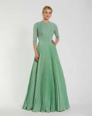 Mac Duggal Pleated Shimmering 3/4 Sleeve Ball Gown - Sage