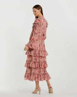 Mac Duggal Floral-printed Chiffon Tiered Ruffle Dress With Lace-up Front