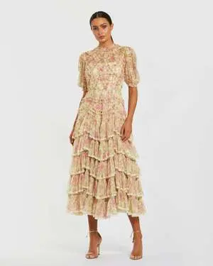 Mac Duggal Floral-printed Mesh High Neck Midi Dress With Lace Trim - Ivory Multi