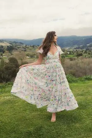 Mac Duggal Floral Ruffle Cotton Midi Dress