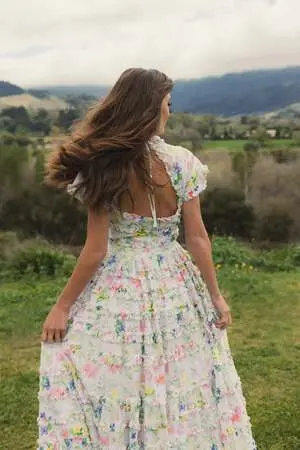 Mac Duggal Floral Ruffle Cotton Midi Dress