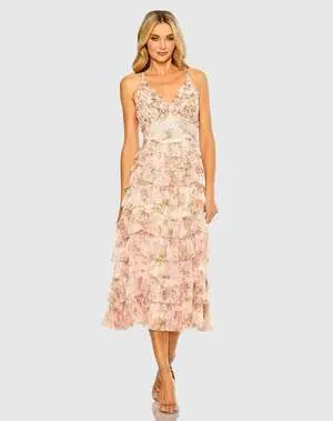 Mac Duggal Floral Mesh Ruffle Midi Dress - Blush Multi