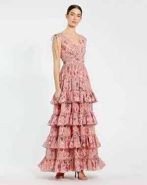 Mac Duggal Floral Chiffon Drawstring Shoulder Tiered Gown