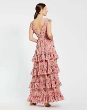 Mac Duggal Floral Chiffon Drawstring Shoulder Tiered Gown