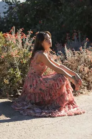 Mac Duggal Floral Chiffon Drawstring Shoulder Tiered Gown