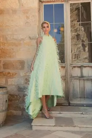 MAC DUGGAL COLLECTION Sleeveless Feather-embellished High-low Gown