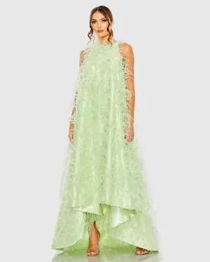 MAC DUGGAL COLLECTION Sleeveless Feather-embellished High-low Gown