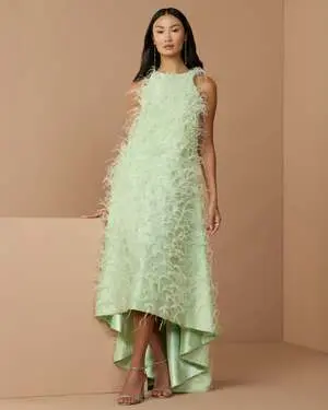 MAC DUGGAL COLLECTION Sleeveless Feather-embellished High-low Gown - Mint