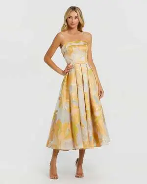 Mac Duggal Floral Brocade Strapless Midi Dress With Pockets - Peach Multi
