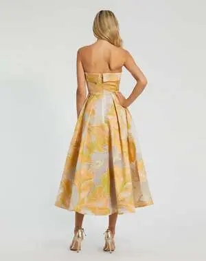 Mac Duggal Floral Brocade Strapless Midi Dress With Pockets - Peach Multi