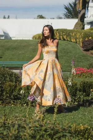 Mac Duggal Floral Brocade Strapless Midi Dress With Pockets - Peach Multi