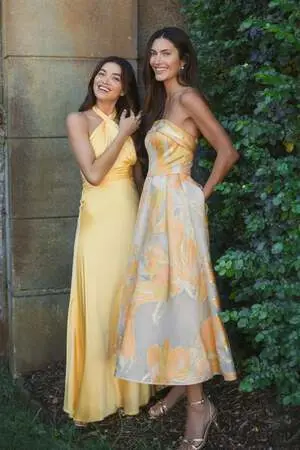Mac Duggal Floral Brocade Strapless Midi Dress With Pockets - Peach Multi
