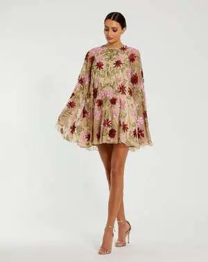 Mac Duggal Embellished Floral Cape Mini Dress - Neutral