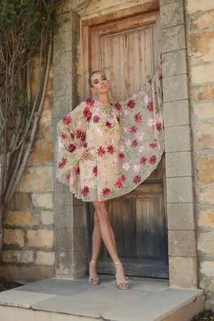 Mac Duggal Floral Embellished Cape Mini Dress