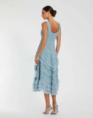 Mac Duggal Sleeveless A-line Ruffle Midi Dress - Blue