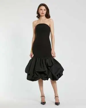 Mac Duggal Strapless Crepe Midi Dress With Bubble Hem - Black