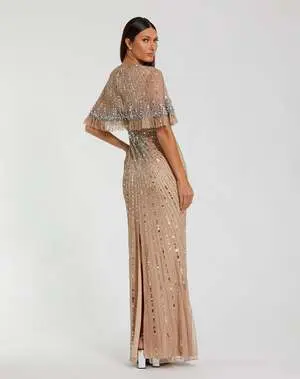 Mac Duggal Embellished Mesh Fitted Gown With Capelet - Nude Silver