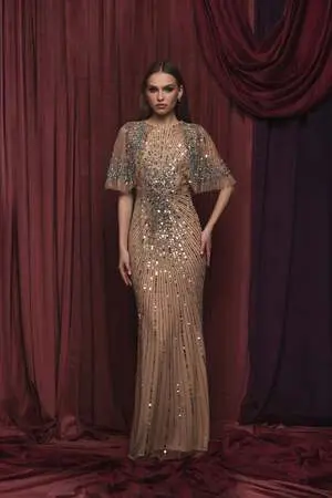 Mac Duggal Embellished Mesh Fitted Gown With Capelet - Nude Silver