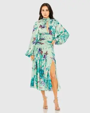 Mac Duggal Floral-printed Satin Long Sleeve Dress - Sage Multi