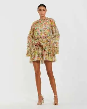 Mac Duggal Printed Mesh Ruffle High Neck Mini Dress - Multicolor