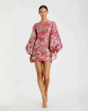 Mac Duggal Floral Brocade Balloon Sleeve Mini Dress - Pink