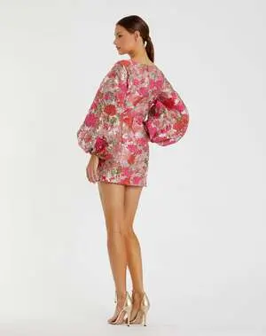 Mac Duggal Floral Brocade Balloon Sleeve Mini Dress - Pink