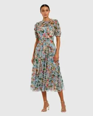 Mac Duggal Floral Mesh Ruffle Midi Dress
